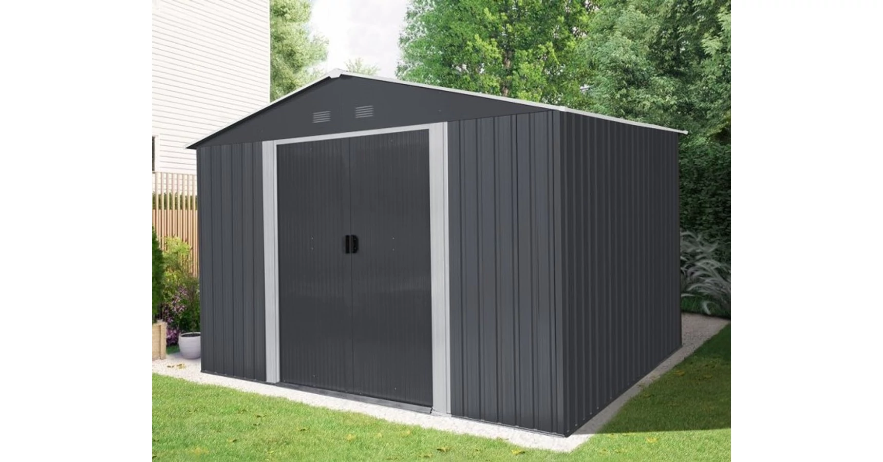 Riwall RMSA 8x10 fém kerti tároló nyeregtetővel, 3x2.4m, antracit